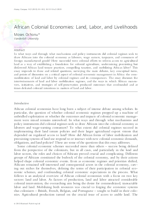 (PDF) African Colonial Economies: Land, Labor, and Livelihoods