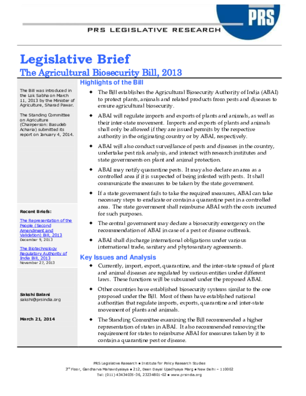 (PDF) agricultural bio-security legislative brief