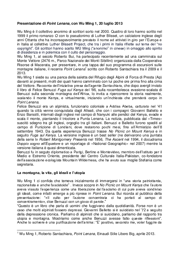 (PDF) Intervista a WU MING 1 che presenta Point Lenana