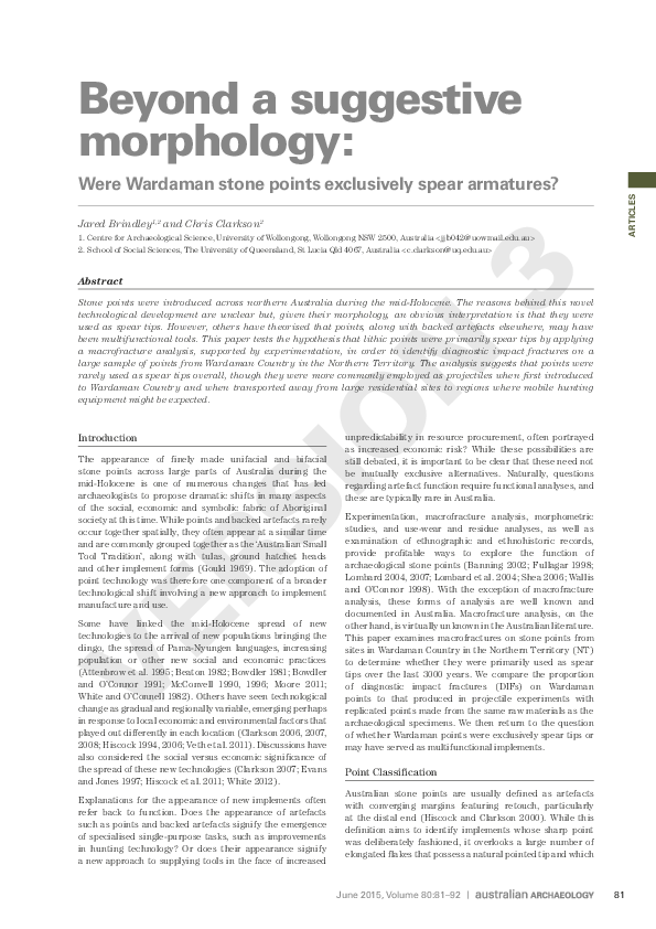 (PDF) Beyond a suggestive morphology: were Wardaman stone points ...