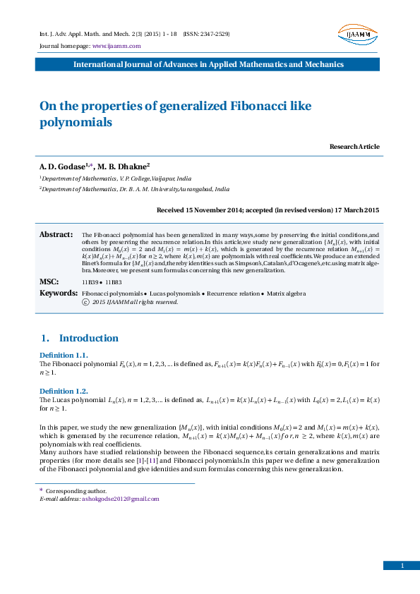 (PDF) On the Properties of Generalized Fibonacci Like Polynomials