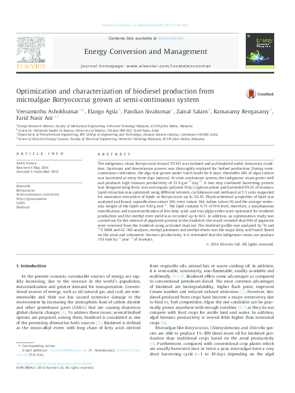 (PDF) Optimization and characterization of biodiesel production from microalgae Botryococcus ...