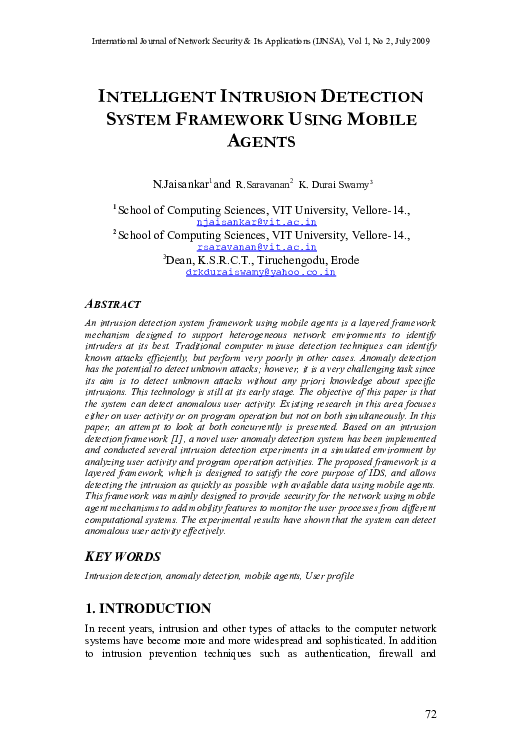 Pdf Intelligent Intrusion Detection System Framework Using Mobile Agents