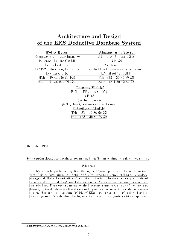 Architecture and Design of the EKS Deductive Database System