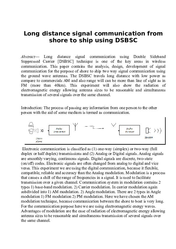 (DOC) Long distance signal communication from shore to ship using DSBSC