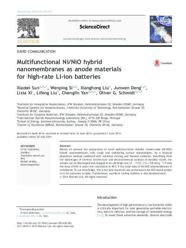 Multifunctional Ni/NiO hybrid nanomembranes as anode materials for high-rate Li-ion batteries