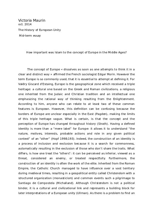 (DOC) How important was Islam to the concept of Europe in the Middle Ages?