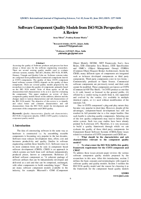 (PDF) Software Component Quality Models from ISO 9126 Perspective: A review