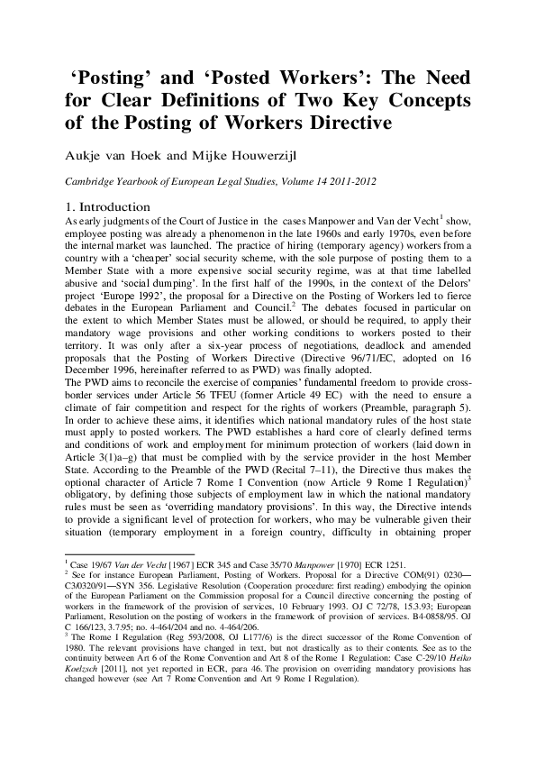 (PDF) ‘Posting’ and ‘Posted Workers’: The Need for Clear Definitions of ...