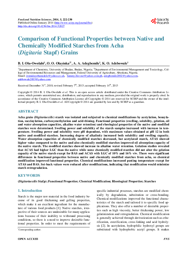 (PDF) Comparison of Functional Properties between Native and Chemically Modified Starches from ...