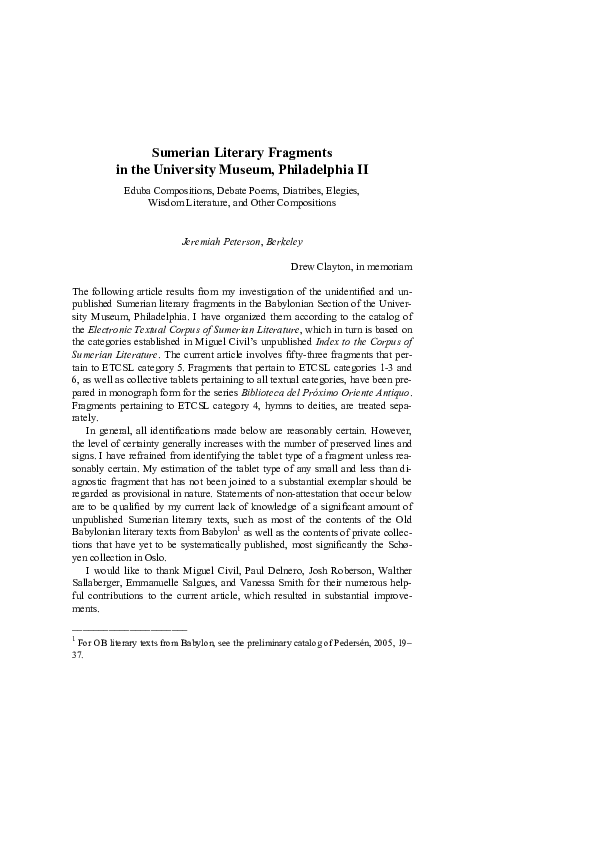 (PDF) Sumerian Literary Fragments in the University Museum ...