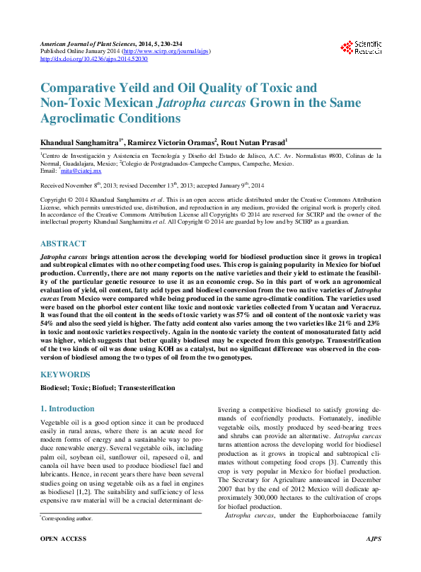 (PDF) Comparative Yeild and Oil Quality of Toxic and Non-Toxic Mexican Jatropha curcas Grown in ...