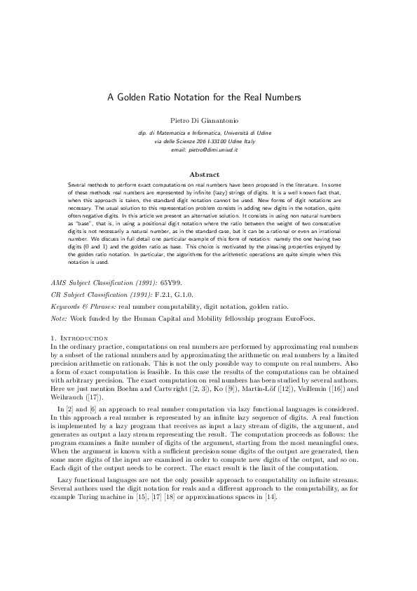 (PDF) A golden ratio notation for the real numbers