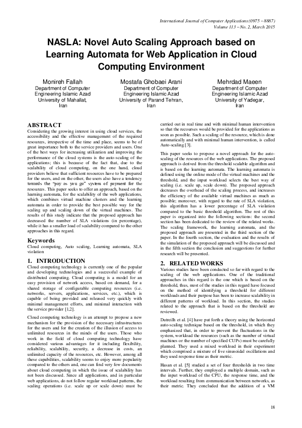 (PDF) NASLA: Novel Auto Scaling Approach based on Learning Automata for Web Application in Cloud ...