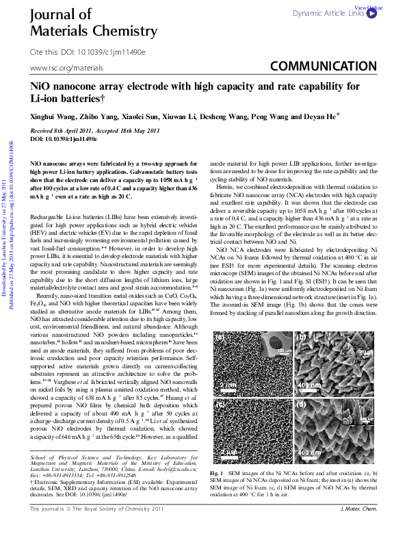 NiO nanocone array electrode with high capacity and rate capability for Li-ion batteries