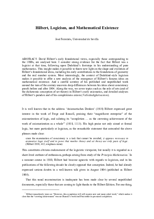 Hilbert, Logicism, and Mathematical Existence