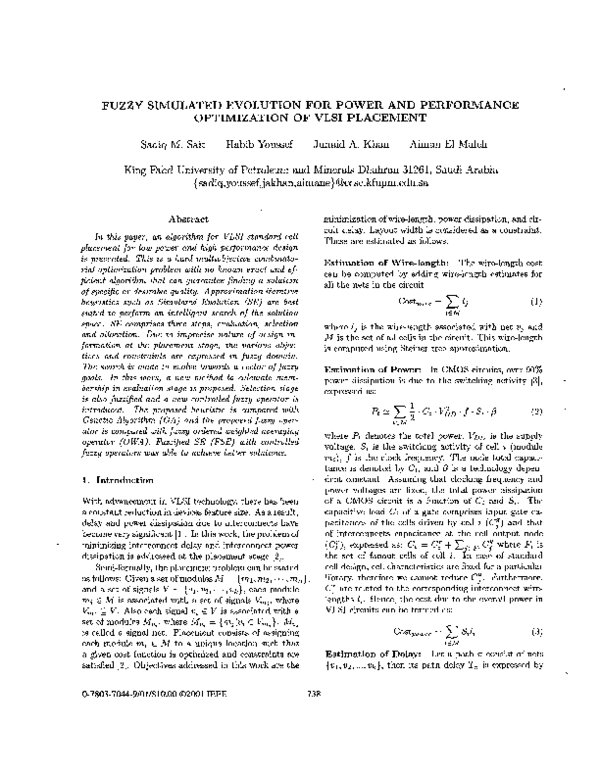 (PDF) Fuzzy simulated evolution for power and performance optimization of VLSI placement