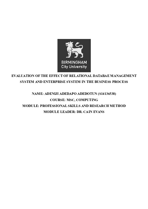 (DOC) EVALUATION OF THE EFFECT OF RELATIONAL DATABAE MANAGEMENT SYSTEM ...