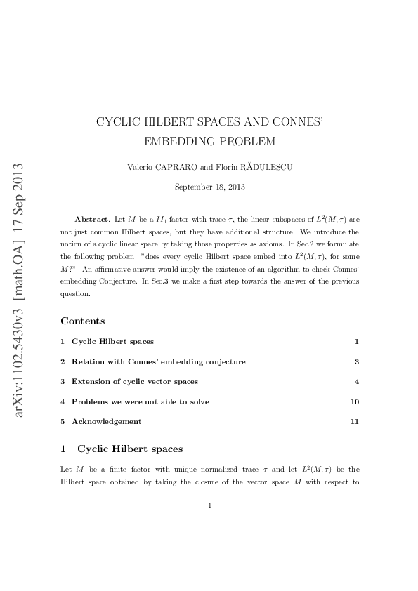 Pdf Cyclic Hilbert Spaces And Connes Embedding Problem