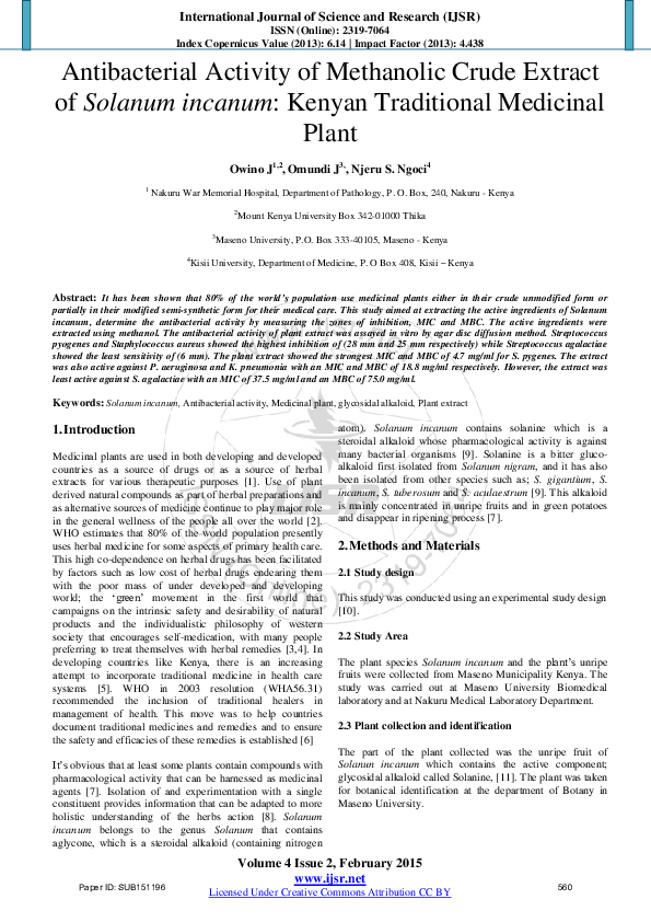 (PDF) Antibacterial Activity of Methanolic Crude Extract of Solanum incanum: Kenyan Traditional ...