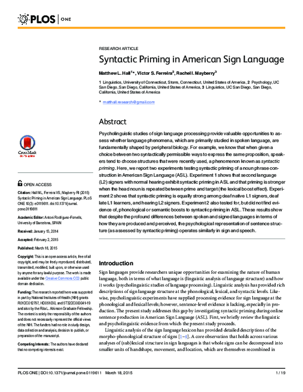 Pdf Syntactic Priming In American Sign Language