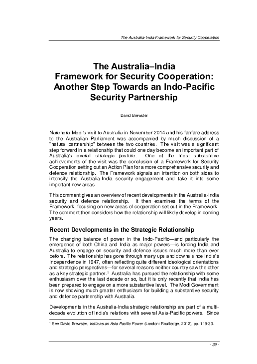 (PDF) The Australia-India Framework for Security Cooperation: Another ...