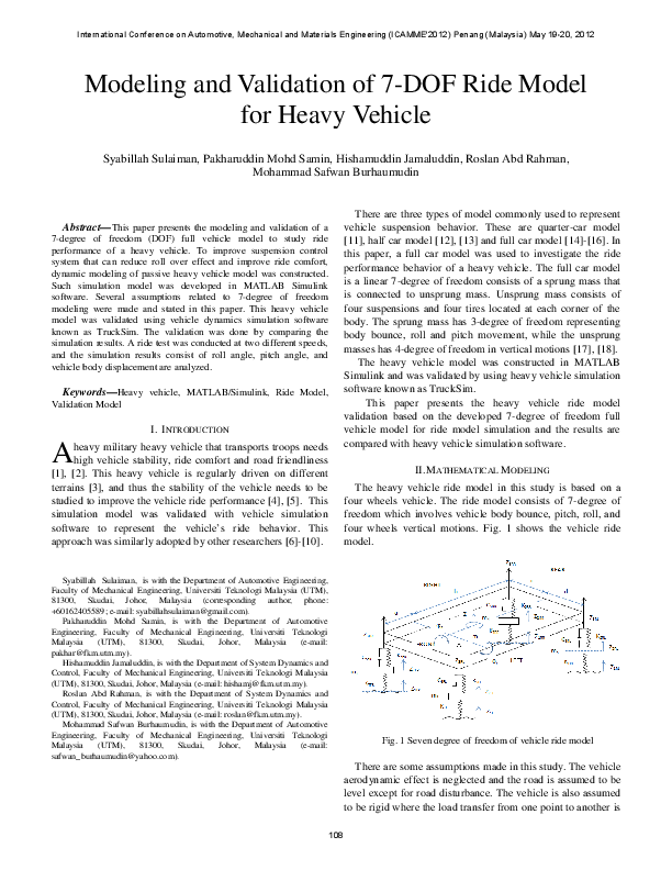 Pdf Modeling And Validation Of 7 Dof Ride Model For Heavy Vehicle