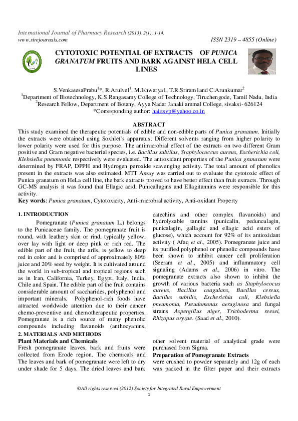 (PDF) CYTOTOXIC POTENTIAL OF EXTRACTS OF PUNICA GRANATUM FRUITS AND BARK AGAINST HELA CELL LINES