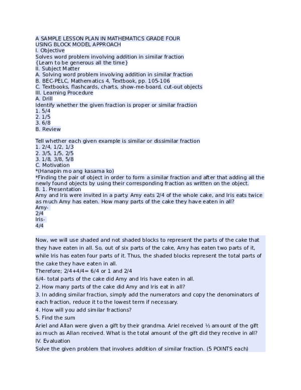 (DOC) A SAMPLE LESSON PLAN IN MATHEMATICS GRADE FOUR USING BLOCK MODEL