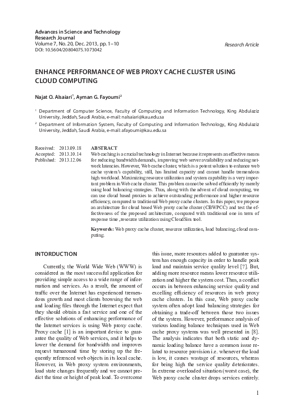 (PDF) ENHANCE PERFORMANCE OF WEB PROXY CACHE CLUSTER USING CLOUD COMPUTING