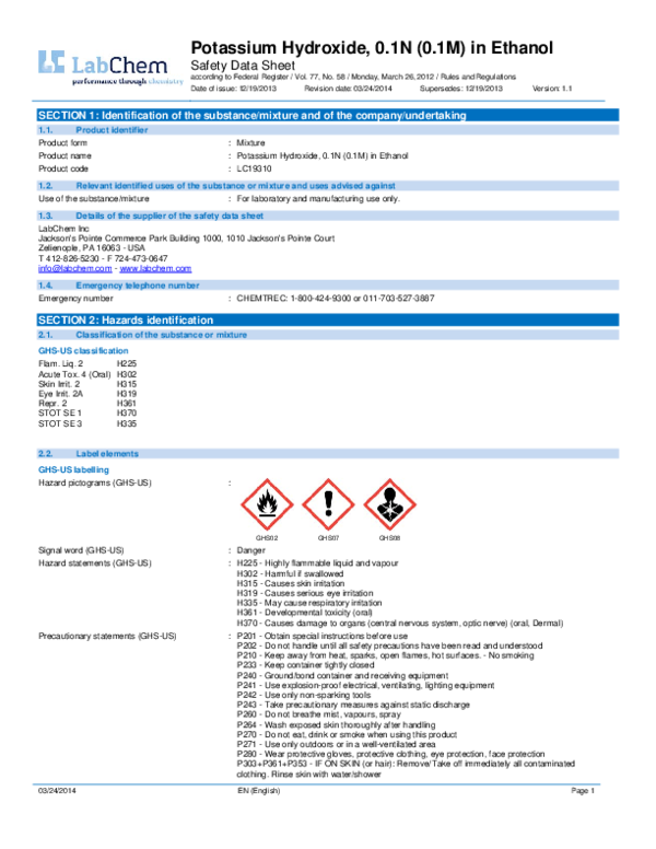 (PDF) Potassium Hydroxide, 0.1N (0.1M) in Ethanol SECTION 1 ...