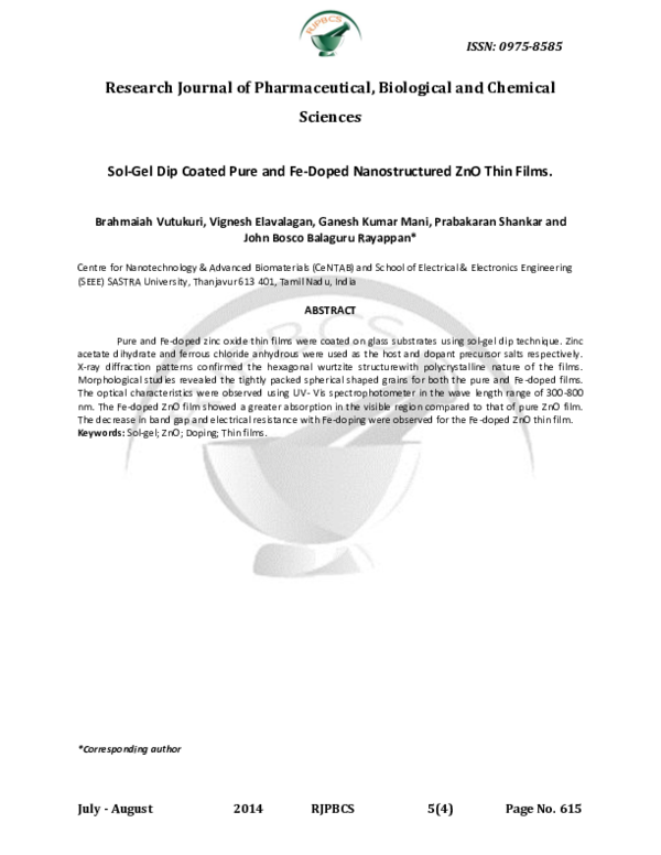 (PDF) Sol gel dip coated pure and Fe-doped Nanostructured ZnO thin films