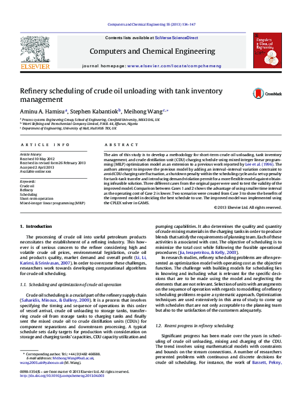 (PDF) Refinery scheduling of crude oil unloading with tank inventory ...