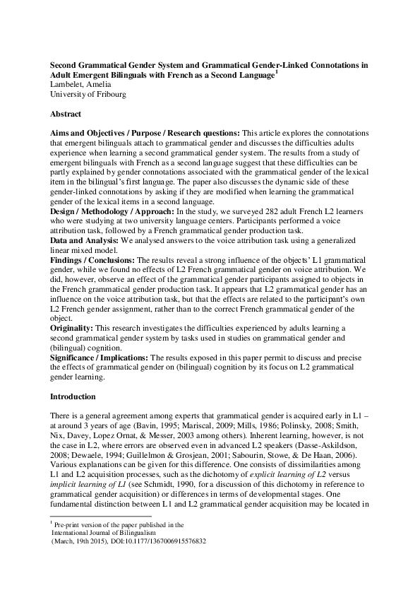 (PDF) Lambelet, A. (2015). Second Grammatical Gender System and ...