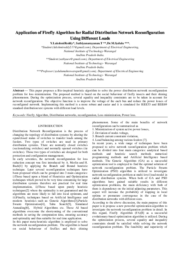 Pdf Application Of Firefly Algorithm For Radial Distribution Network Reconfiguration