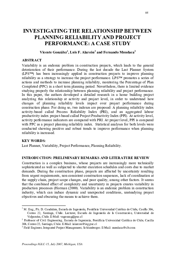 INVESTIGATING THE RELATIONSHIP BETWEEN PLANNING RELIABILITY AND PROJECT ...