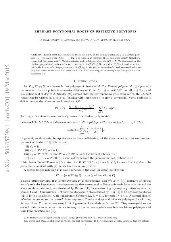 (PDF) Ehrhart polynomial roots of reflexive polytopes | Alexander M Kasprzyk and Hegedűs Gábor ...