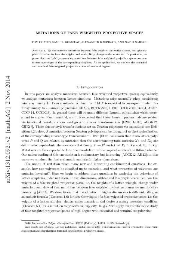 (PDF) Mutations of fake weighted projective spaces