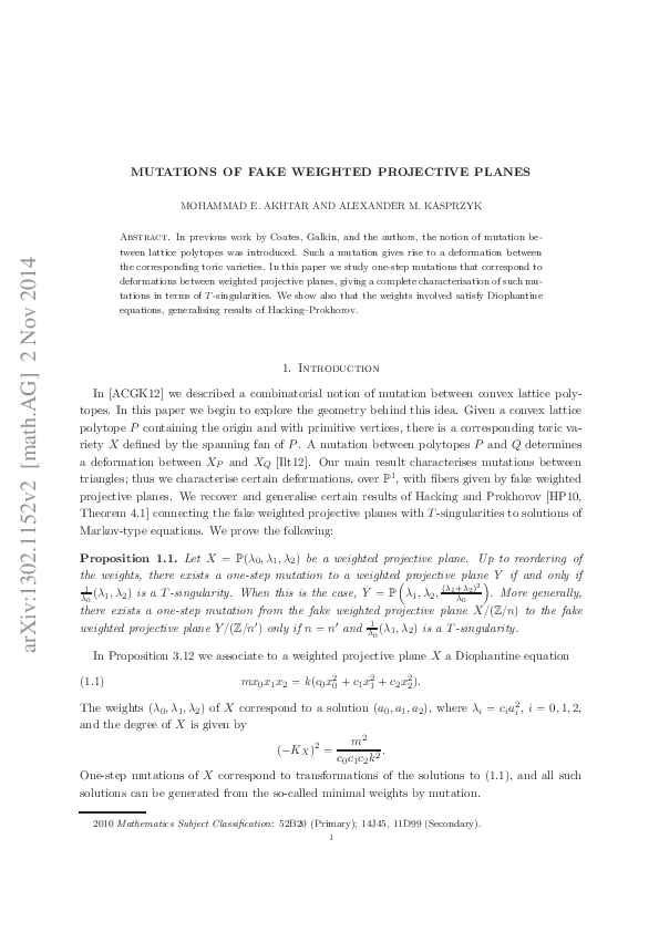 Pdf Mutations Of Fake Weighted Projective Planes