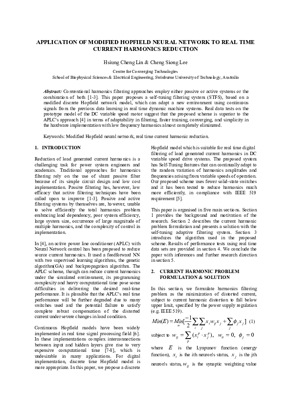 (PDF) APPLICATION OF MODIFIED HOPFIELD NEURAL NETWORK TO REAL TIME CURRENT HARMONICS REDUCTION