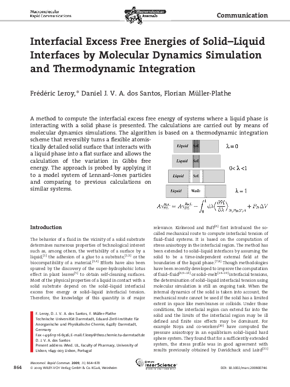 Interfacial Excess Free Energies of Solid–Liquid Interfaces by Molecular Dynamics Simulation and ...