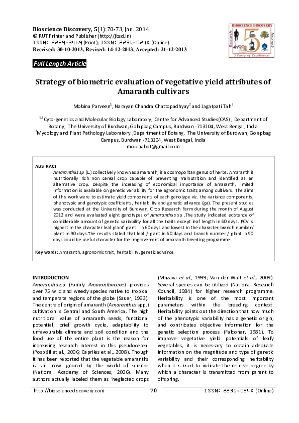 Pdf Strategy Of Biometric Evaluation Of Vegetative Yield Attributes