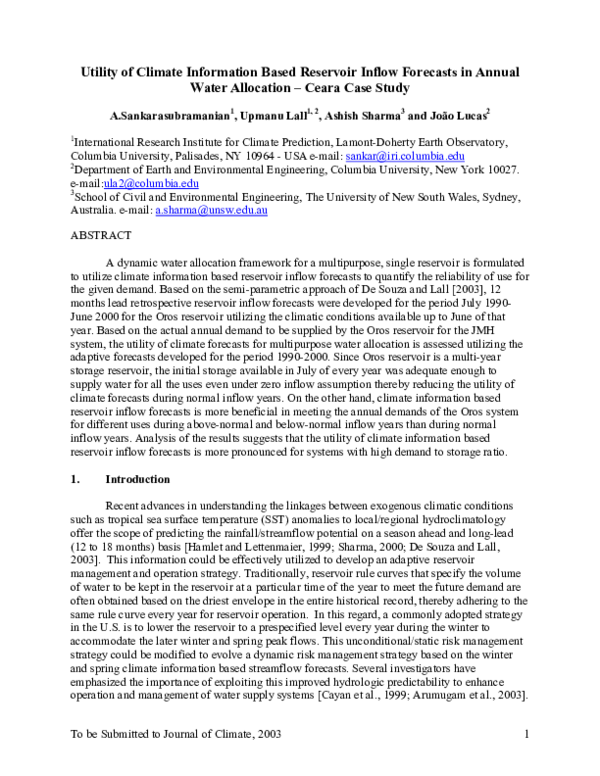 Pdf Utility Of Climate Information Based Reservoir Inflow Forecasts In Annual Water Allocation