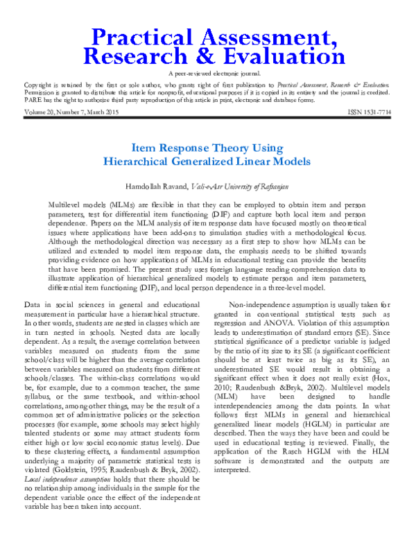 Pdf Item Response Theory Using Hierarchical Generalized Linear Models