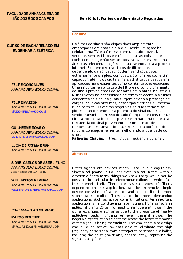 (DOC) FACULDADE ANHANGUERA DE SÃO JOSÉ DOS CAMPOS CURSO DE BACHARELADO EM ENGENHARIA ELÉTRICA ...