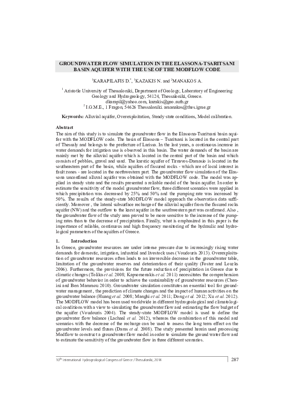 (PDF) GROUNDWATER FLOW SIMULATION IN THE ELASSONA-TSARITSANI BASIN AQUIFER WITH THE USE OF THE ...