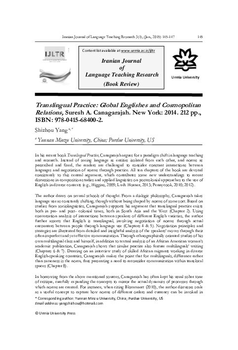 (PDF) Translingual Practice: Global Englishes and Cosmopolitan Relations