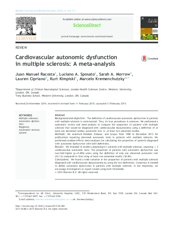 (PDF) Cardiovascular autonomic dysfunction in multiple sclerosis: A ...