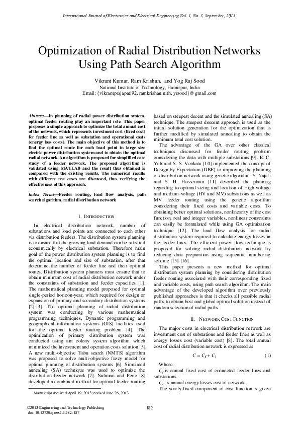 Pdf Optimization Of Radial Distribution Networks Using Path Search Algorithm