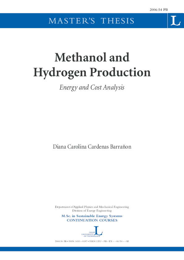(PDF) M.Sc. in Sustainable Energy Systems CONTINUATION COURSES Methanol and Hydrogen Production ...